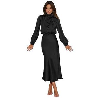 Generic Robe &eacute;l&eacute;gante en satin pour femme - Robe longue formelle &agrave; manches longues avec manches lanternes, ourlet en queue de poisson, taille haute, robe dinv
