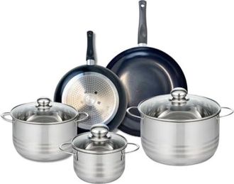 Fackelmann ELO 9733450 Batterie de cuisine 5 pièces, Ensemble de 2 Poêles de cuisson 24 et 28 cm et 3 faitouts 16, 20 et 24 cm Elo Prima Brillant, inox, inductio