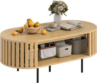 HOMCOM Table Basse Ovale, Table de Salon avec Rangement, Coins arrondis, Design Lattes, Pieds en Acier, Style Nordique, pour Salon, Bureau, 100 x 50 x 40 cm,
