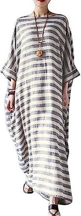 ORANDESIGNE Femme Robe Coton Et Lin Col Rond Boho Chic et Elegant Longue Robe avec Poches Manches 3/4 Midi Robe Lin Grande Taille Robe de Plage Bikini Cover Up Po