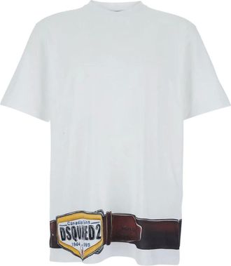 Dsquared2 Homme, Tops, Blanc, Taille: M T-shirt en coton avec imprim&eacute; sur le devant