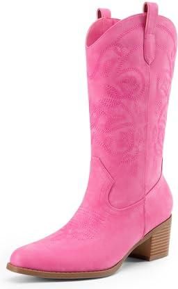Dream Pairs Bottes de cowboy pour femme, bout carr&eacute;, broderie, bottes de cowgirl cousues, bottes western &agrave; talon &eacute;pais pour femme, Nubuck rose, 40 EU