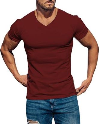 Generic T-shirt de sport pour homme Coupe ample Col en V Manches courtes Léger Séchage rapide Sport Running Tops, Rouge, 3XL