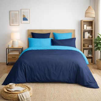 Univers D&eacute;cor Pack HARMONIE 6 pi&egrave;ces Marine & Turquoise - Coton 57 fils - Housse 240x220 + Drap housse 140x190