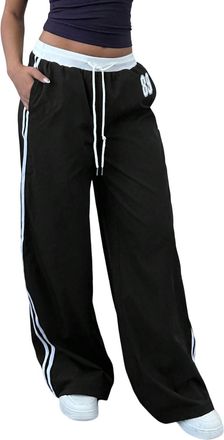 SOLY HUX Damen Weite Hose Lang Baggy Freizeithose Elastische Taille Sporthose Stoffhose Jogginghose Gestreift Casualhose Herbst Outfit Schwarz XS