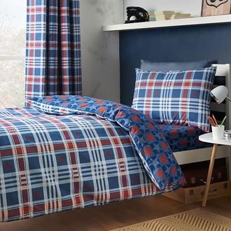 Catherine Lansfield Wende-Bettw&auml;sche-Set mit Kissenbez&uuml;gen, Sternen- und Karomuster, Blau