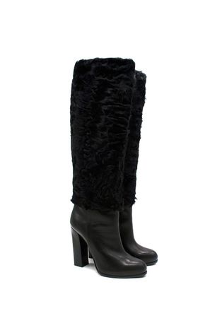 Dior Black Knee High Leather Boots with Fur Detail Size 38