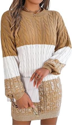 Generic Pull en tricot torsad&eacute; pour femme - Robe pull d&eacute;contract&eacute;e en tricot torsad&eacute; &agrave; manches lanternes, tunique ample, v&ecirc;tements dautomne, v&ecirc;tements quotidi