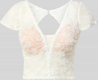 Luxuar Fashion Cropped Blusenshirt mit Perlen und V-Ausschnitt