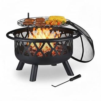 Relaxdays Feuerschale mit Grillrost, Funkenschutz & Sch&uuml;rhaken, &Oslash; 75 cm, Stahl, Feuerstelle Garten & Terrasse, schwarz, 68.5 x 75 x 75 cm