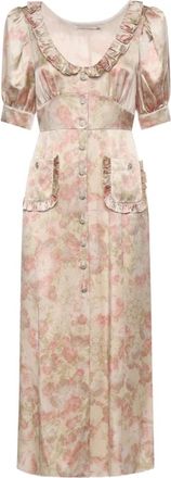 Alessandra Rich Femme, Robes, Multicolore, Taille: 38 FR Robe Midi en Soie Imprim&eacute;e &agrave; Fleurs et Volants