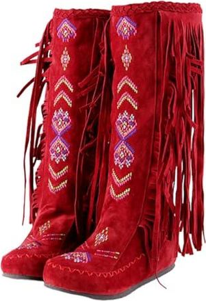 Generic Bottes de Cowboy à Pompons pour Femmes, Bottes dhiver Plates en Daim mi-Mollet, Style Ethnique rétro, à Enfiler, idéales pour Une soirée de Mariage ou