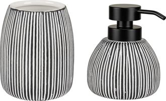 WENKO Seifenspender Mod. Pascoli 2-teiliges Bad-Accessoires Set mit Zahnputzbecher Keramik freistehend schwarz weiß 0,5 l 11 x 13 x 12 cm