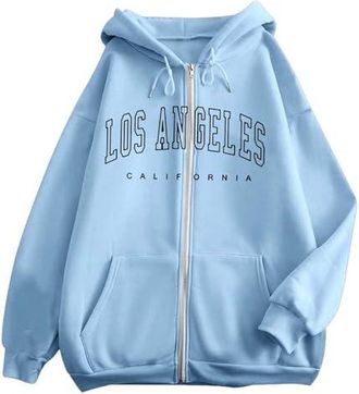 Generic Sweat à capuche zippé Los Angeles avec imprimé lettres animées pour femmes, style graphique surdimensionné, manches longues, décontracté, doublure en 
