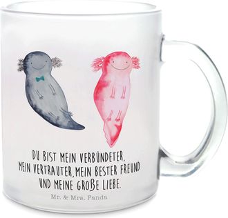 Mr. & Mrs. Panda Teetasse Axolotl Freundin - Geschenk, Paar, Schwanzlurch, Teeglas, Tasse mit Henkel, Glas Teetasse, Jahrestag, Molch, Lurch