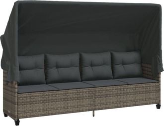 vidaXL Sonnenliege mit Dach und Kissen Grau Poly Rattan - Vidaxl