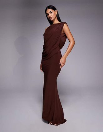 Asos Robe longue drap&eacute;e asym&eacute;trique &agrave; dos b&eacute;nitier - Chocolat-Brown