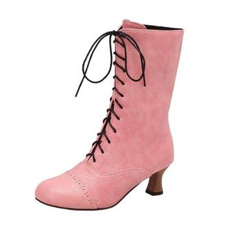 Generic Bottes &agrave; lacets pour femme - Bout rond - &Eacute;l&eacute;gantes - Style r&eacute;tro - Couleur unie - Similicuir - Confortables - Pour le bureau et les f&ecirc;tes, rose, 36.5 