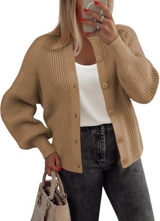 Zeagoo Cardigan Femme Court Tricot Col Rond Ouvert avec Boutons Pull &Eacute;l&eacute;gant D&eacute;contract&eacute; Gilet en Maille pour Femme Kaki XL