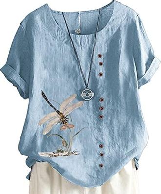 ORANDESIGNE Blouse en Coton et Lin Femme Manches Courte T-Shirts Hauts à Fleurs Libellule Grand Taille Tops Col Rond Chemisiers Lin Tunique Casual Shirts Chemise 