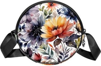 Generic Petit sac &agrave; bandouli&egrave;re circulaire pour femme, motif feuilles florales, sac &agrave; dos avec fermeture &eacute;clair, bretelles r&eacute;glables, sac &agrave; main rond d&eacute;contra