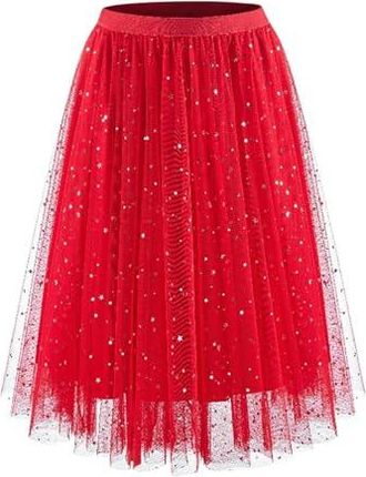 Generic Jupe en tulle pour femme - Jupe midi - Jupe trap&egrave;ze - Jupe en maille - Taille haute &eacute;lastique - Jupe dHalloween - T-shirt pour, rouge, XL