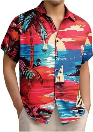 Generic Chemise hawa&iuml;enne d&eacute;contract&eacute;e et confortable pour homme - Col rabattu - L&eacute;g&egrave;re et respirante - Classique - Chemise de plage &agrave; manches courtes - Chemi