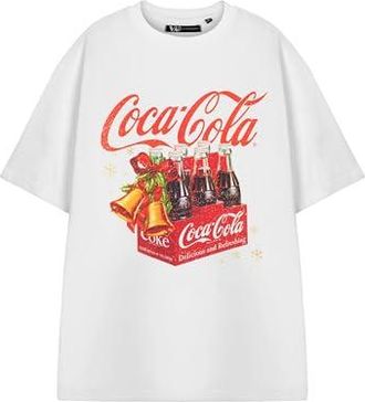 Coca Cola Ware T-Shirt Graphique de No&euml;l Cola pour Femmes | Dessus Classique Blanc Festif avec Bouteilles, gui et Cloches | Chemise &agrave; col Rond de la Saison des f&ecirc;tes