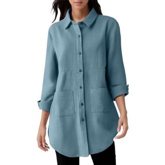 Generic Chemises en lin pour femme - Haut long boutonn&eacute; - Grande taille - Chemisier avec poches - Chemise de nuit grande taille pour femme, bleu ciel, XXL