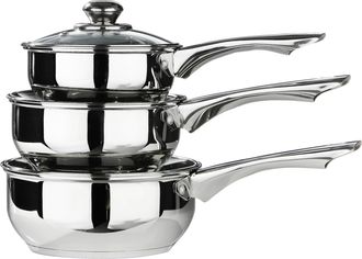 Premier Housewares 3er Set Pan, Spiegelglanzpolierter Edelstahl, Glasdeckel
