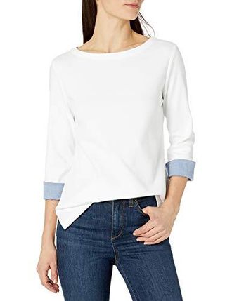 Nautica Chemise col Bateau à Manches 3/4 100% Coton, Blanc Brillant, L Femme