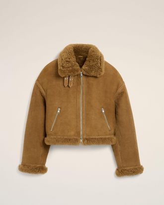 Ami Ami Paris - Blouson aviateur marron en shearling de mouton Beige Mastic - Taille : XS - pour Femme