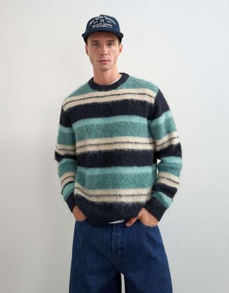 Topman Relaxed Fit flauschiger gestreifter Strickpullover in Petrol-Gr&uuml;n