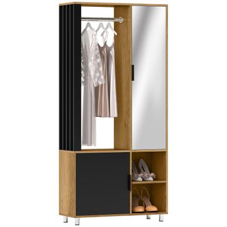 HOMCOM Garderobe Set mit Spiegel, Flurgarderobe Set Kompaktgarderobe mit Kleiderstange, Schuhschrank und 8 Regalb&ouml;den, 80 x 30 x 175 cm, Naturholz