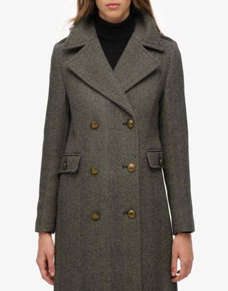 Superdry manteau crois&eacute; en m&eacute;lange de laine ivoire/noir &agrave; chevrons