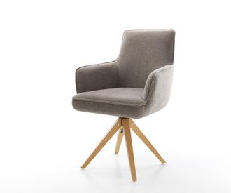 DELIFE Drehstuhl Heira-Flex mit Armlehnen Strukturstoff Soft Taupe Holzgestell kantig Natur 360&deg; drehbar Taschenfederkern, Esszimmerst&uuml;hle