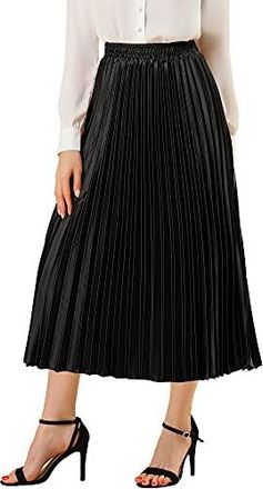 Allegra K Jupe pliss&eacute;e en accord&eacute;on m&eacute;tallis&eacute; Brillant &agrave; Taille &eacute;lastique mi-Longue pour Femmes Noir L