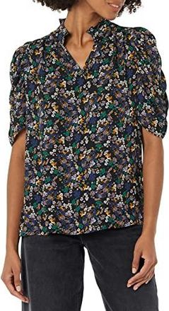 Amazon Essentials Chemisier léger en crêpe Georgette tissée à Manches mi-Longues et col à Volants Femme, Noir Jaune Floral, XS