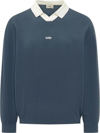Autry Homme, Pulls, Bleu, Taille: L Polo &agrave; Manches Longues et Col en V