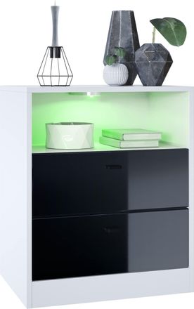 Vladon Kommode Pino V1, Made in Germany, Nachttisch mit 2 Schubladen & 1 offenem Fach, Weiß matt/Schwarz Hochglanz mit LED RGB (56 x 67,5 x 36 cm)