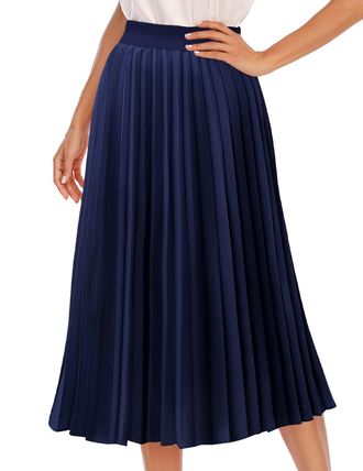 Dresstells Plissee Rock Damen Chiffon Maxi Langer Faltenrock A-Linie Hohe Taille Festlicher Midi-Rock Casual Strandrock Navy XL