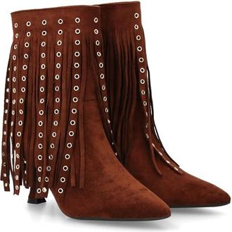 Shoes & Blues Bottine pour femme au design en gris ornée de franges longues et doeillets métalliques. Finition en pointe et talon fin. Fermeture latérale avec ferme