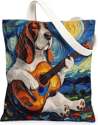 Generic Sac fourre-tout en toile motif chien basset pour faire du shopping, 33 x 38,1 cm, motif guitare de nuit &eacute;toil&eacute;e, sac d&eacute;picerie r&eacute;utilisable pour femme