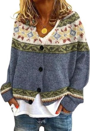 Onsoyours Gilets Femme Automne Hiver Chic Col V Veste Imprimé Manches Longues Tricoté Cardigan Élégant Lâché Bouton Pull Outwear Casual Manteau Sweater Haut Top