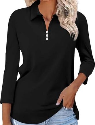 Generic Polo &agrave; manches 3/4 pour femme - Col boutonn&eacute; - Style d&eacute;contract&eacute; - Style d&eacute;contract&eacute; - Pour le golf, le tennis, le bureau, Z01-noir., L