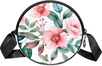 Generic Petit sac &agrave; bandouli&egrave;re circulaire pour femme, motif feuilles florales, sac &agrave; dos avec fermeture &eacute;clair, bretelles r&eacute;glables, sac &agrave; main rond d&eacute;contra