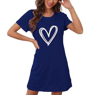 Generic Nuisette &agrave; manches courtes pour femme, chemise de nuit en coton doux pour femme, chemise de nuit en coton m&eacute;lang&eacute;, imprim&eacute; coeur, t-shirt &agrave; col rond, 