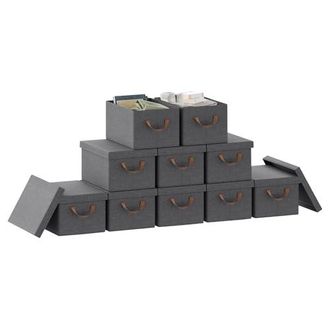 Woltu Lot de 10 Boîtes de Rangement Pliables, Paniers de Rangement en Tissu Non Tissé, avec Poignées et Couvercle, pour Vêtements et Jouets, Gris, 38x27x20c