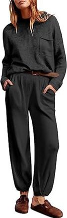 Generic Ensemble de surv&ecirc;tement d&eacute;contract&eacute; en coton et lin pour femme - Chemise de couleur unie - Pantalon large - Combinaison de loisirs pour femme, Noir, X