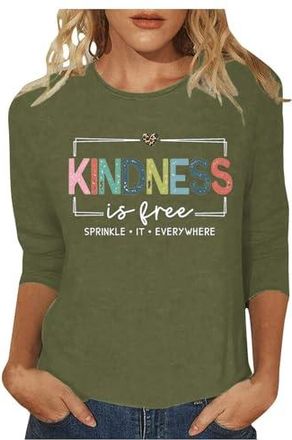 Generic T-shirt pour femme avec col rond, manches 3/4 et lettres, Vert arm&eacute;e., 3XL